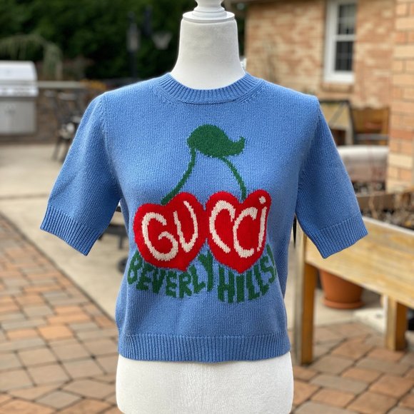 Gucci | Sweaters | Gucci Wool Sweater With Cherry Intarsia In Blue New ...